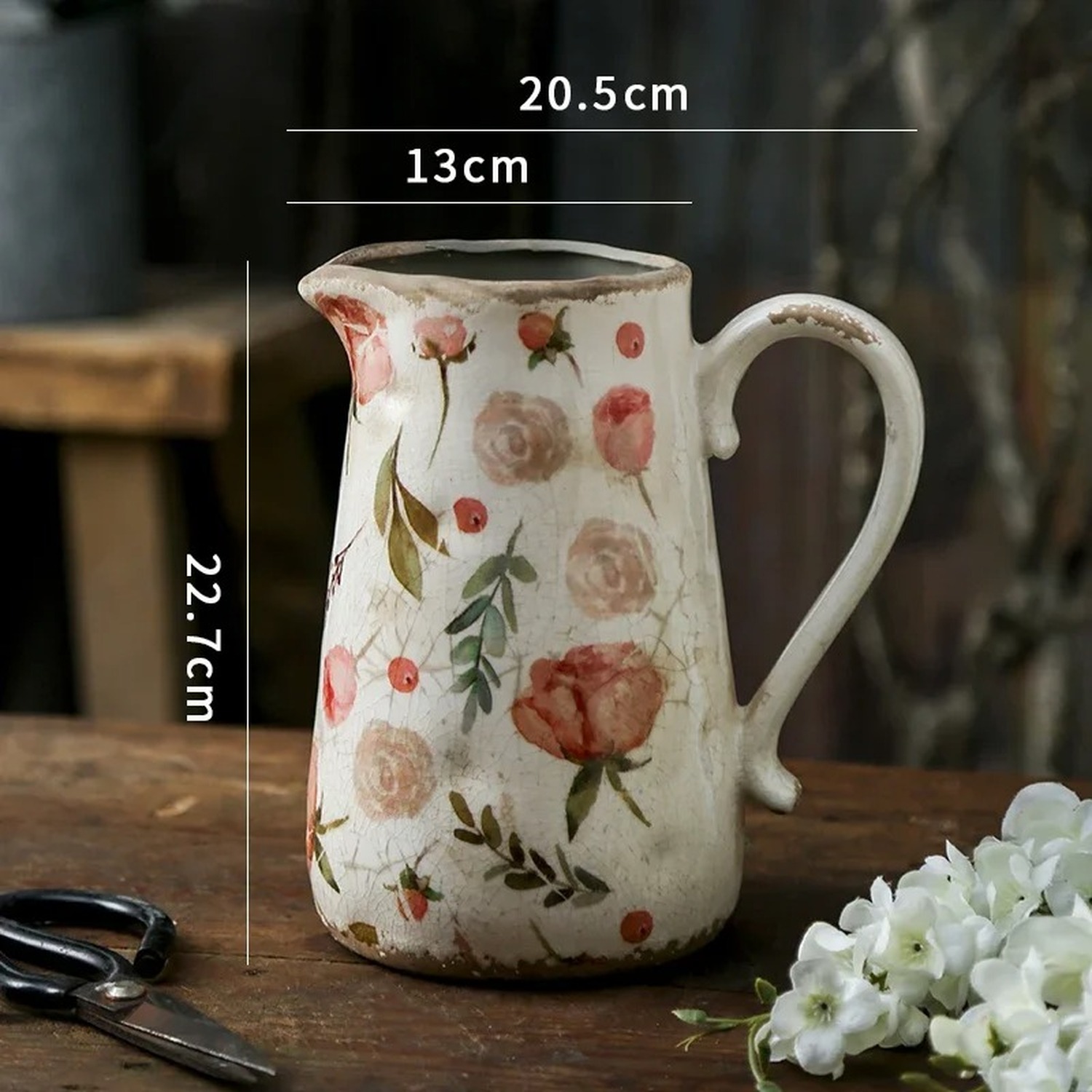 Pink Flowers Ceramic Jug with Handle