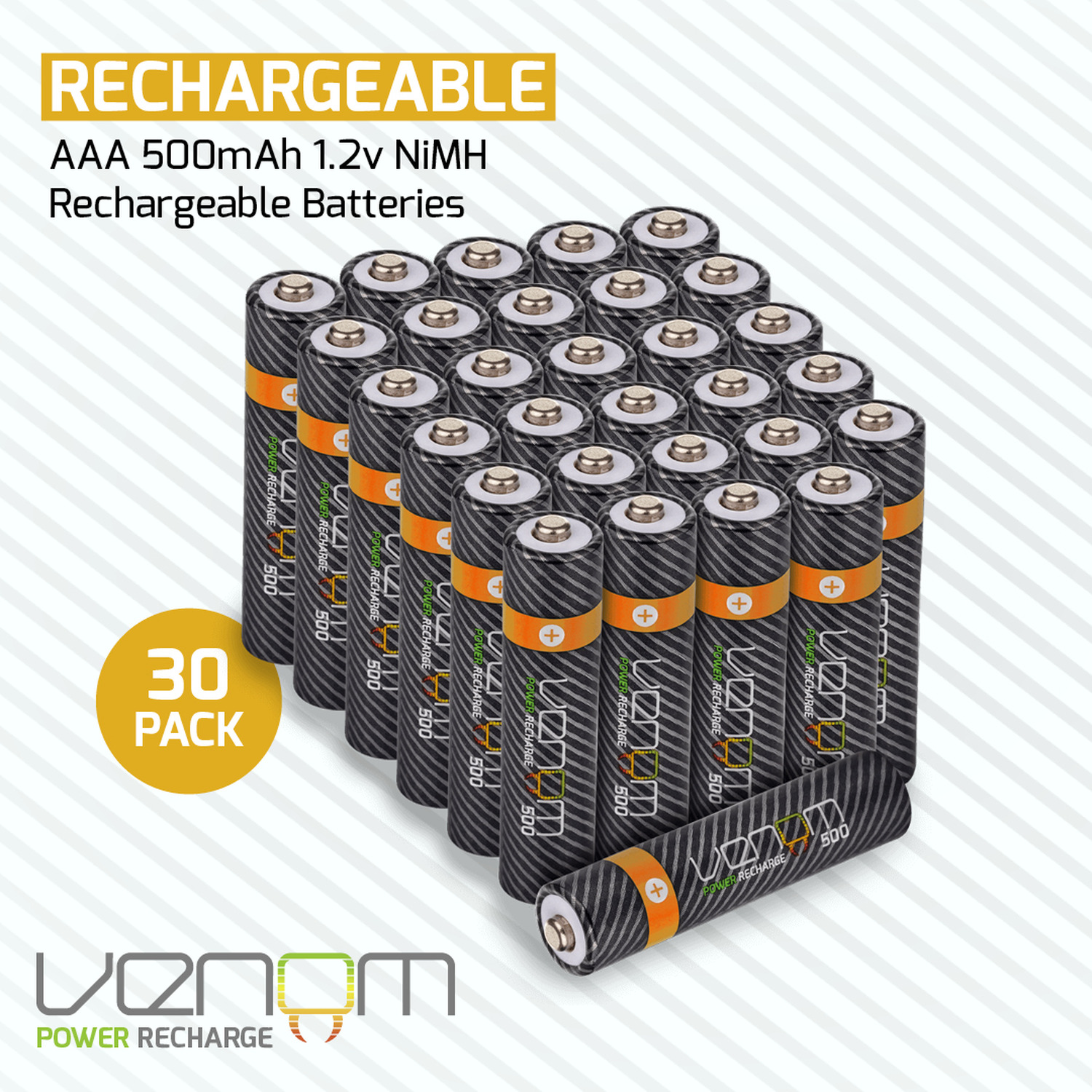 500mAh Rechargeable AAA Batteries (30-Pack)