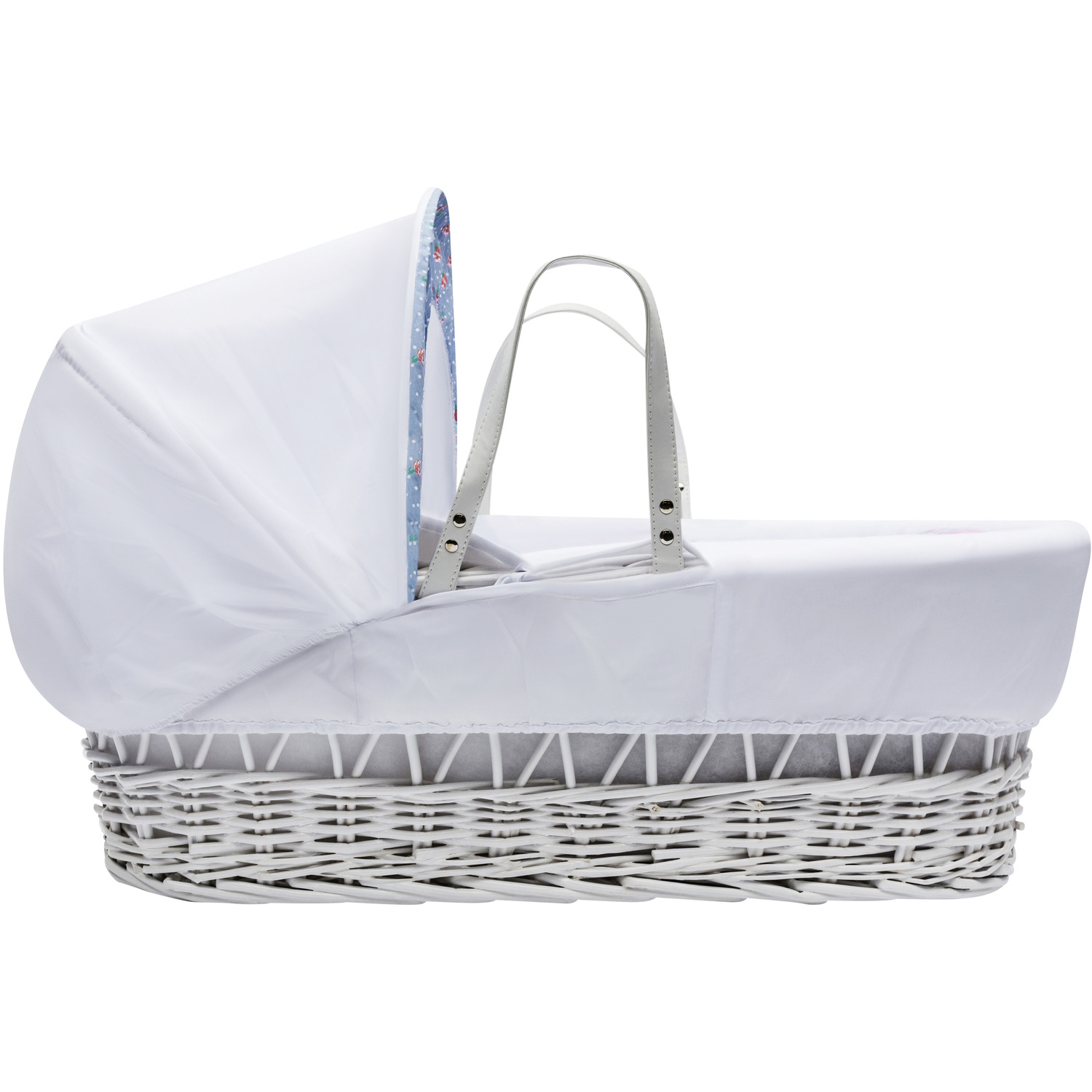Patchwork Birds White Wicker Moses Basket with White Rocking Stand