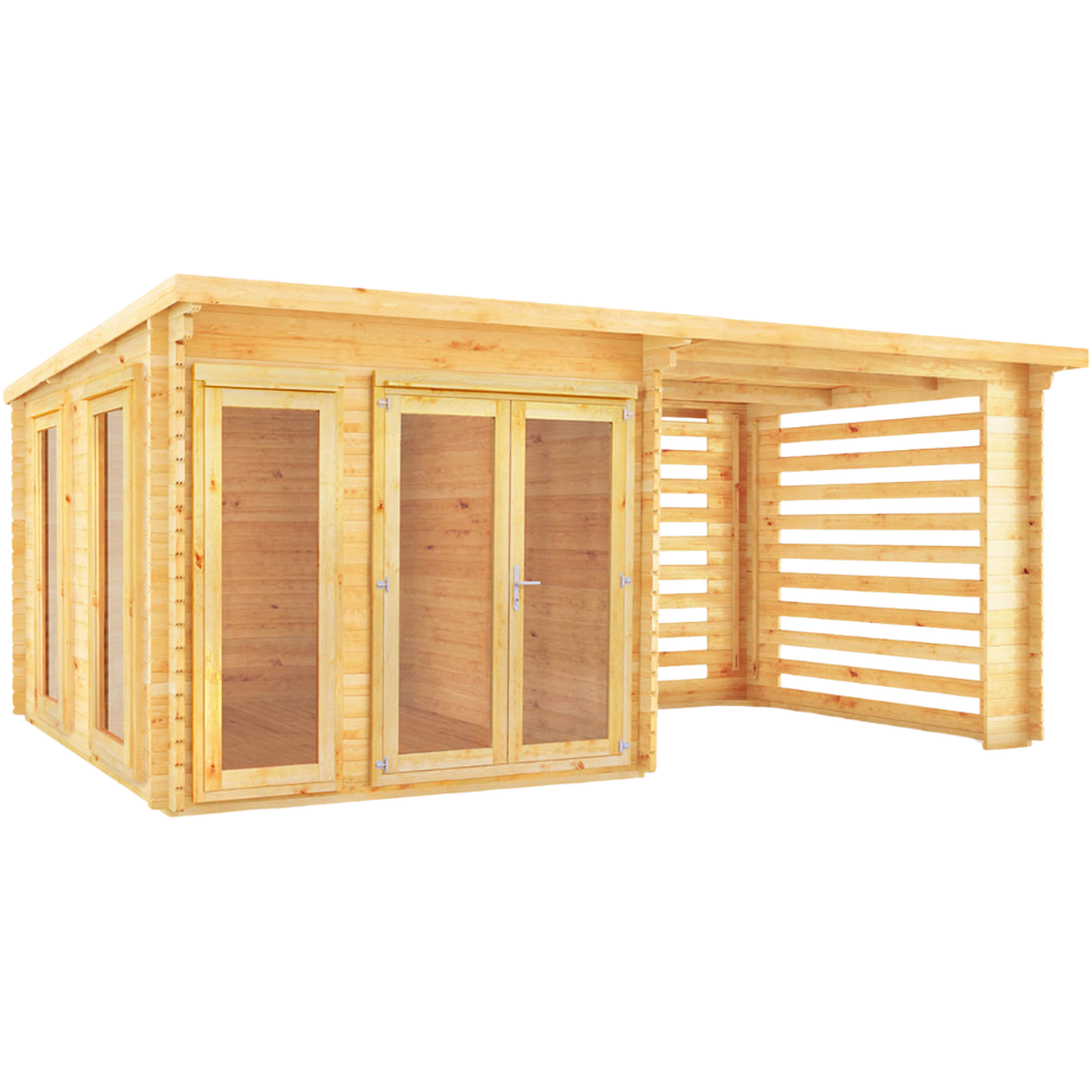 6m x 3m Wooden Log Cabin Studio with Slatted Area Pent Roof - 28mm ...
