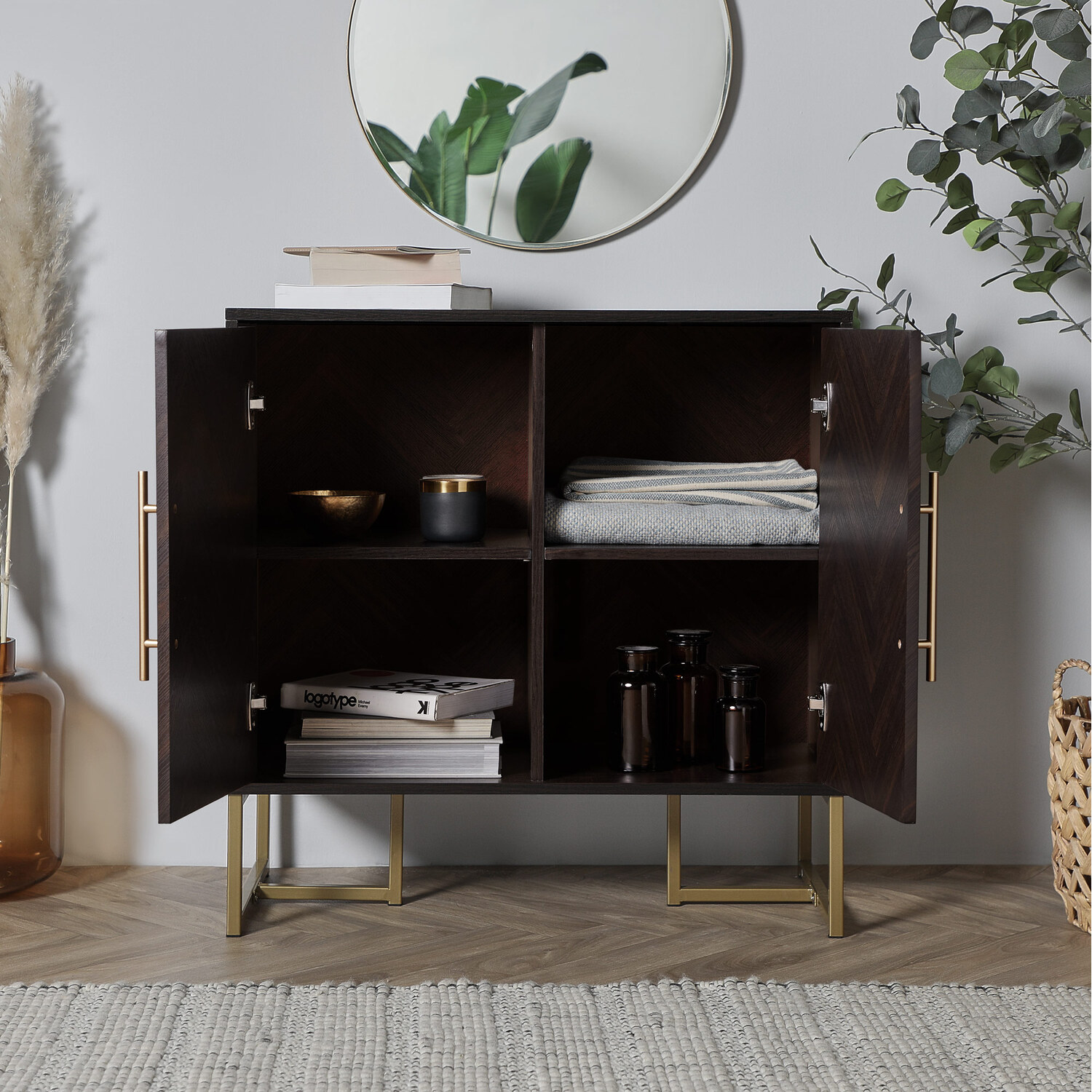 2 Door Dark Wood Sideboard with Chevron Parquet Design