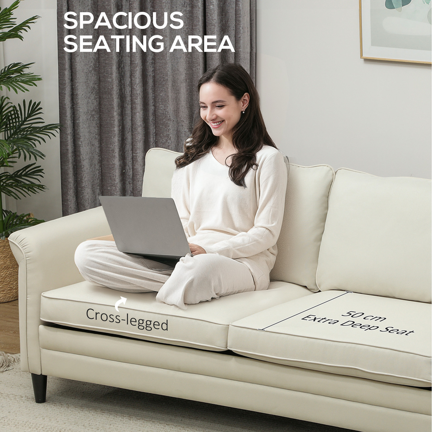 HOMCOM 3 Seater Sofa with Spring Cushion Rubber Wood