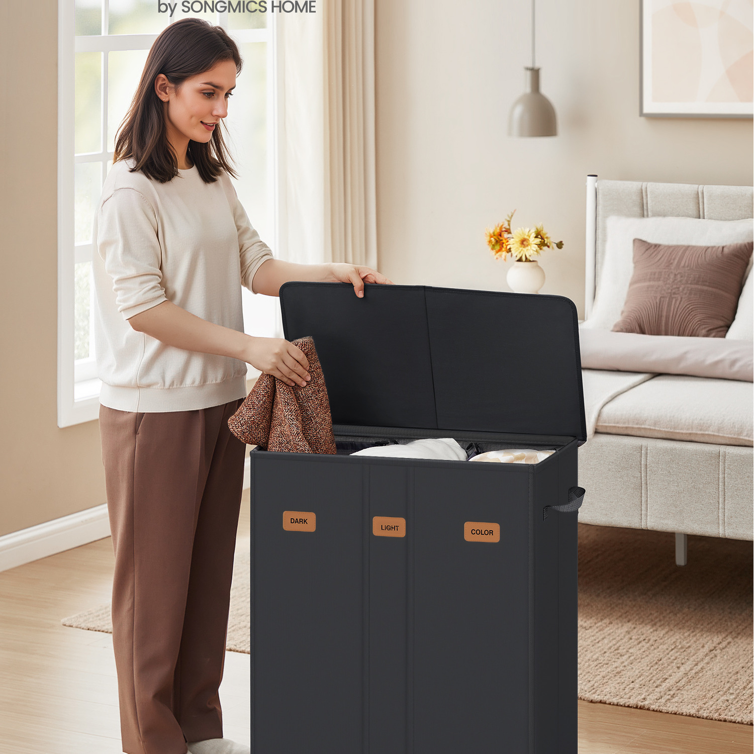 3-Compartment Laundry Basket, 42.2-Gallon Laundry Hamper with Lid