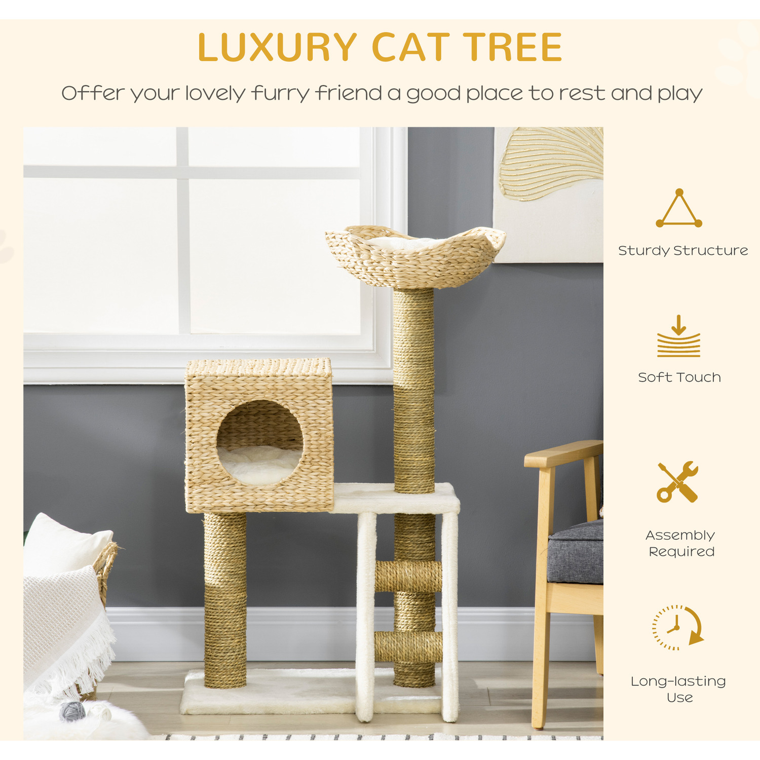 Cat Tree Tower Cattail Weave with Scratching Posts House Bed