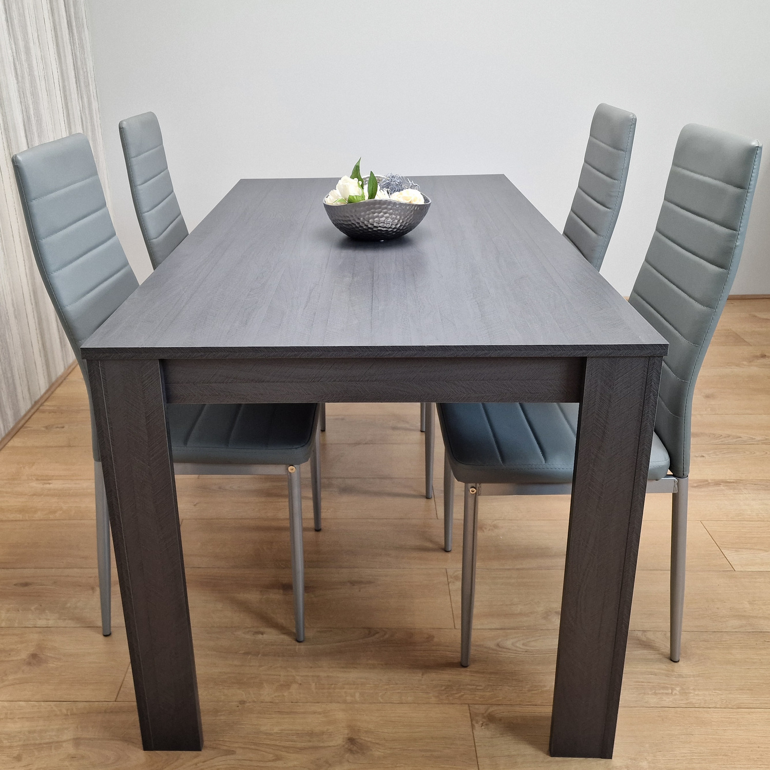 Dark Grey Dining Table Set with 4 Grey Faux Leather Chairs