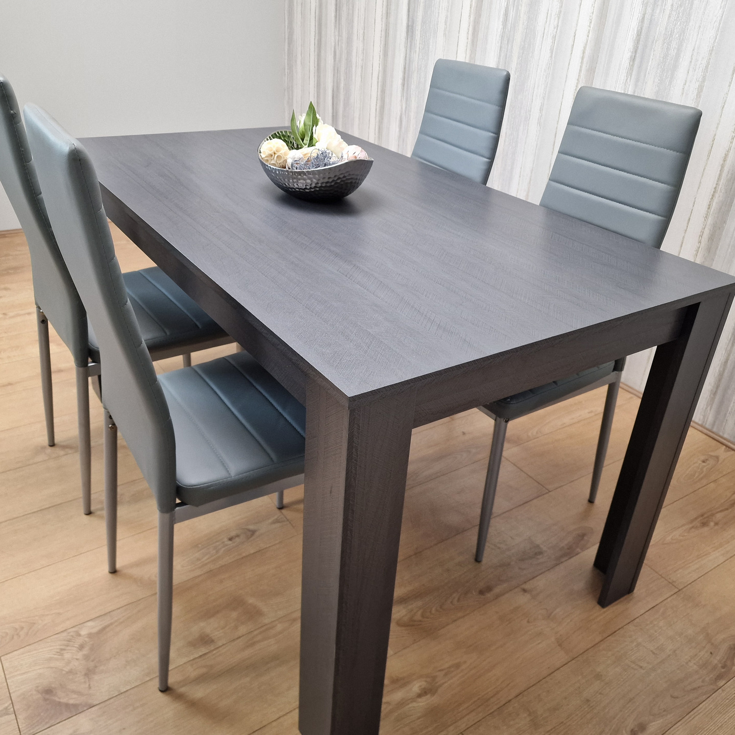 Dark Grey Dining Table Set with 4 Grey Faux Leather Chairs