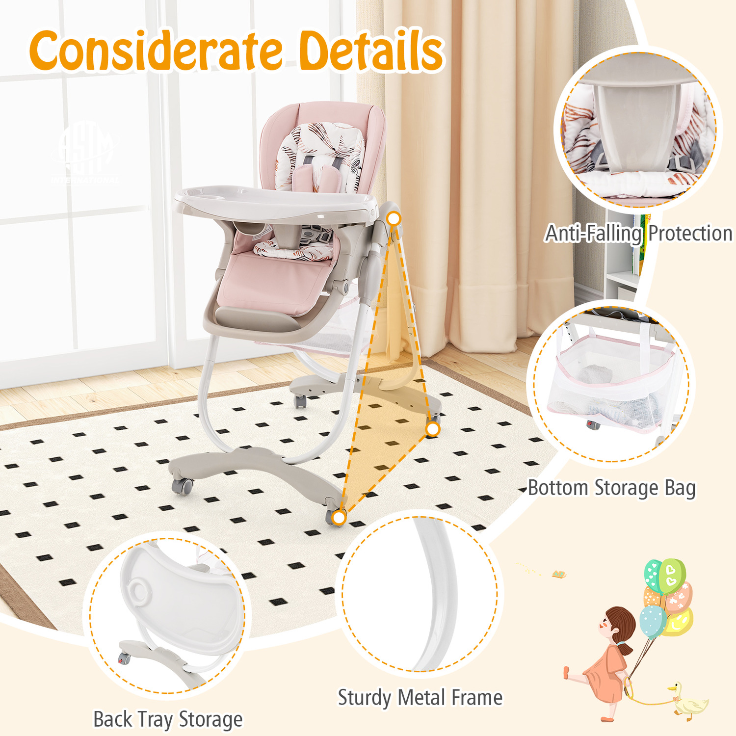 Folding Baby Highchair with Rolling Wheels