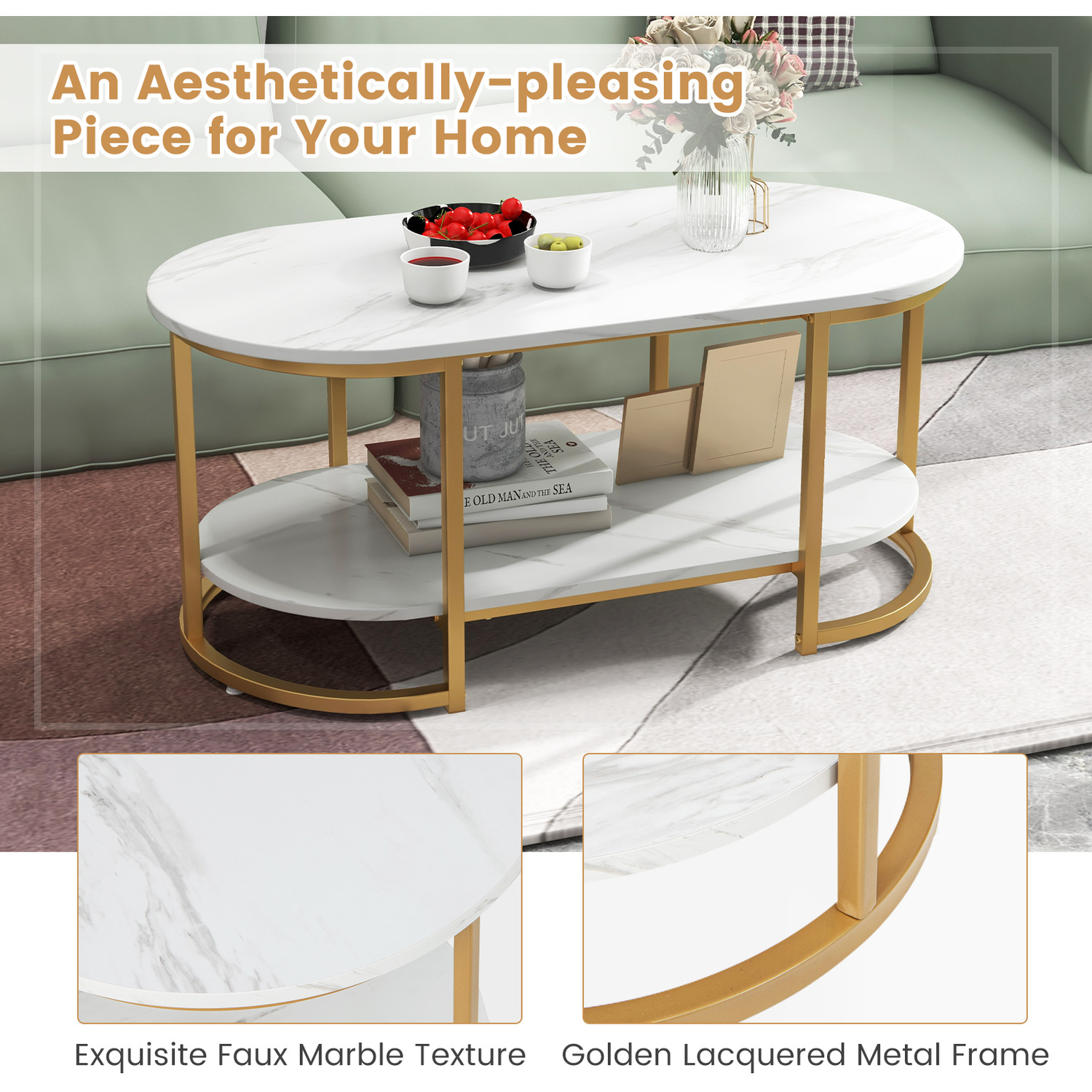 Marble Coffee Table with Open Storage Shelf
