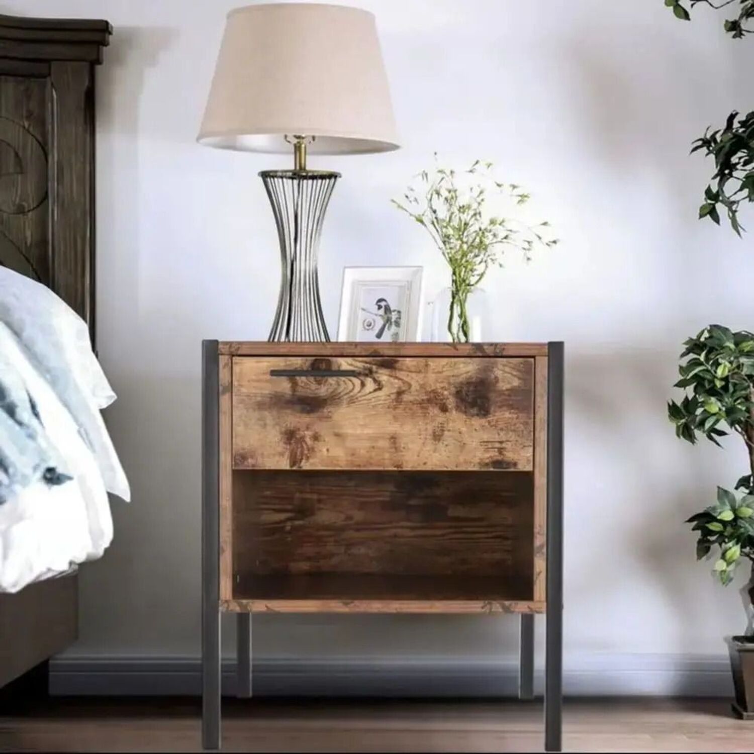 Retro Style Bedside Table with Drawer Open Front Storage Compartment
