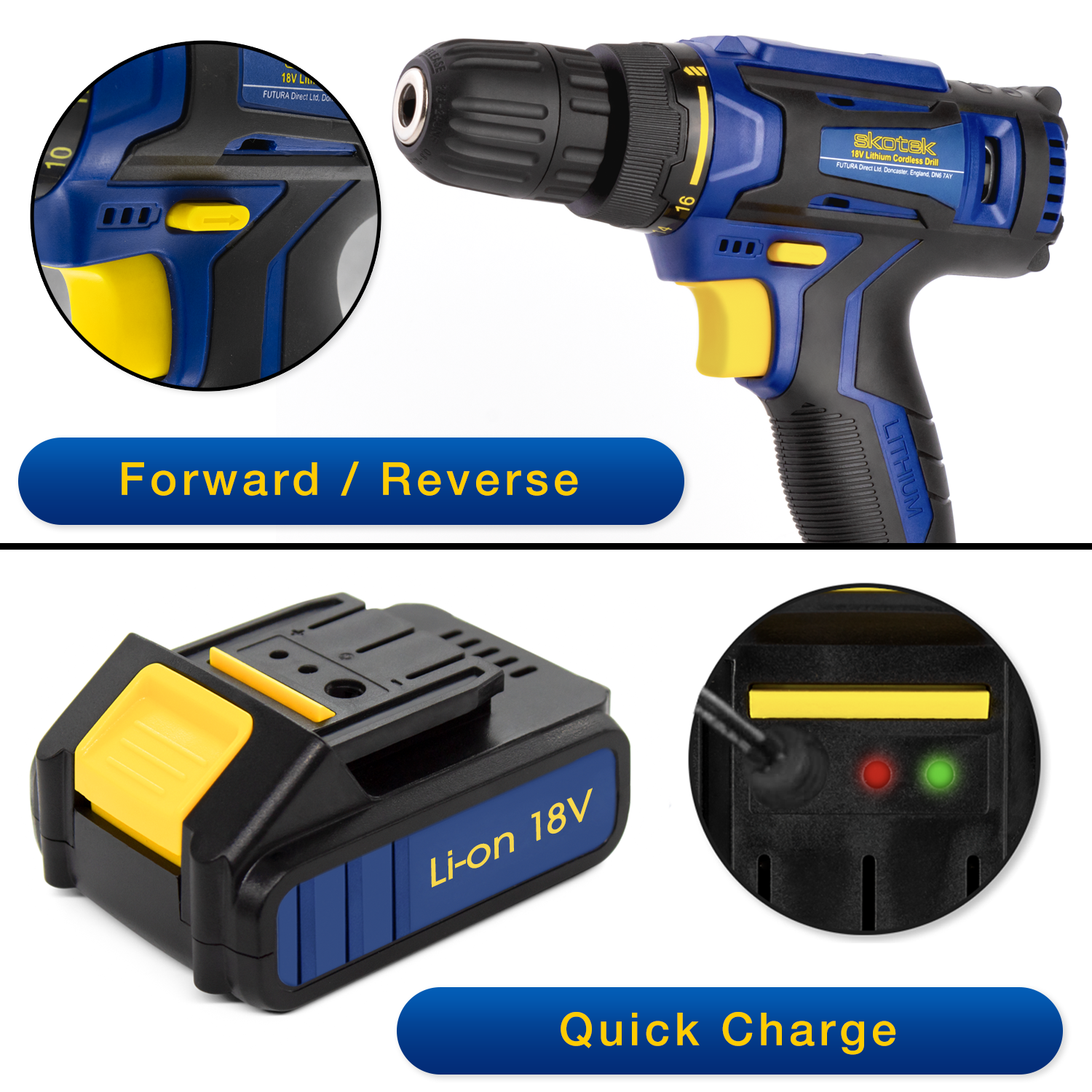 Cordless Drill 2 18-20V Li-Ion Batteries Electric LED Light