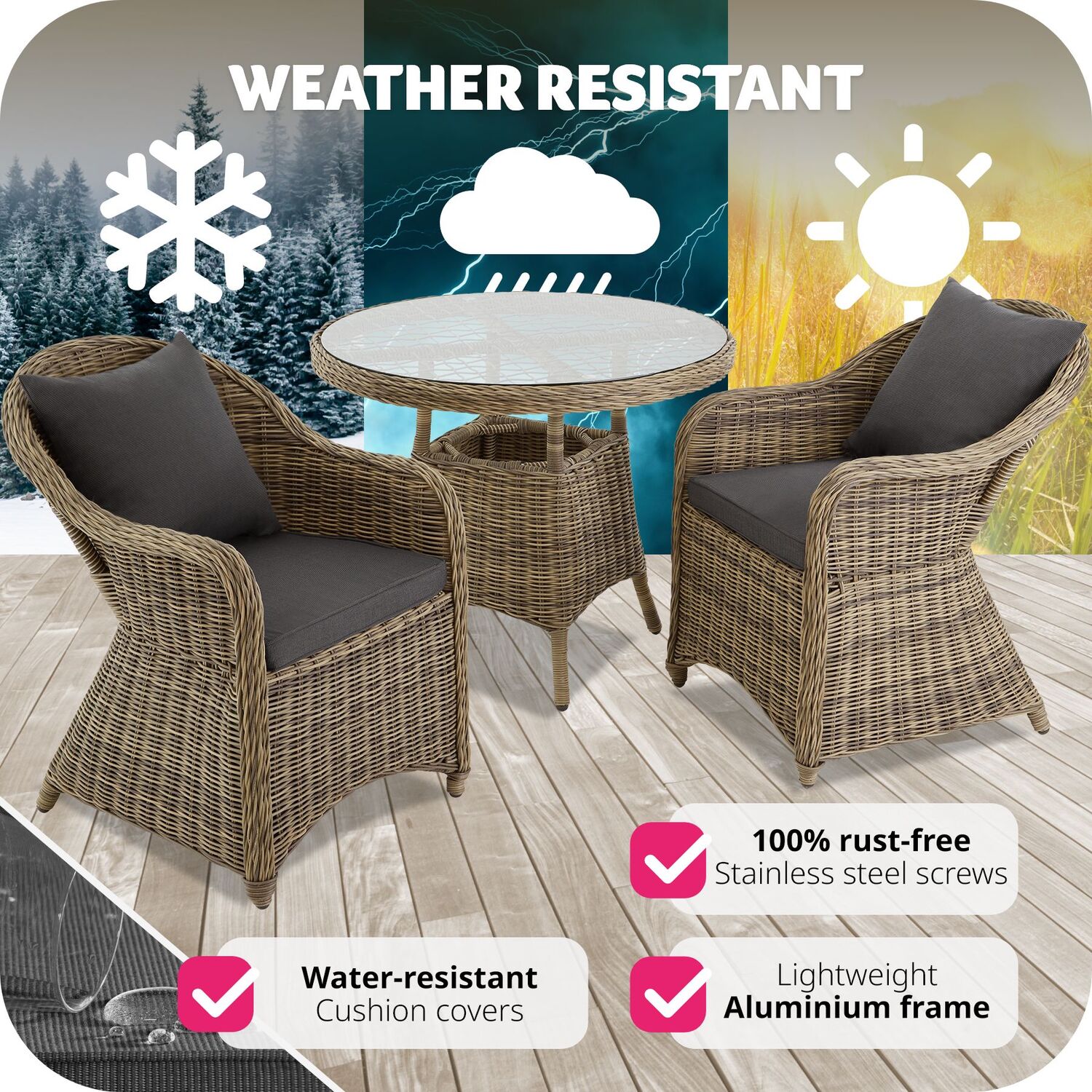 Rattan Garden Bistro Set Zurich 2 Chairs 1 Table