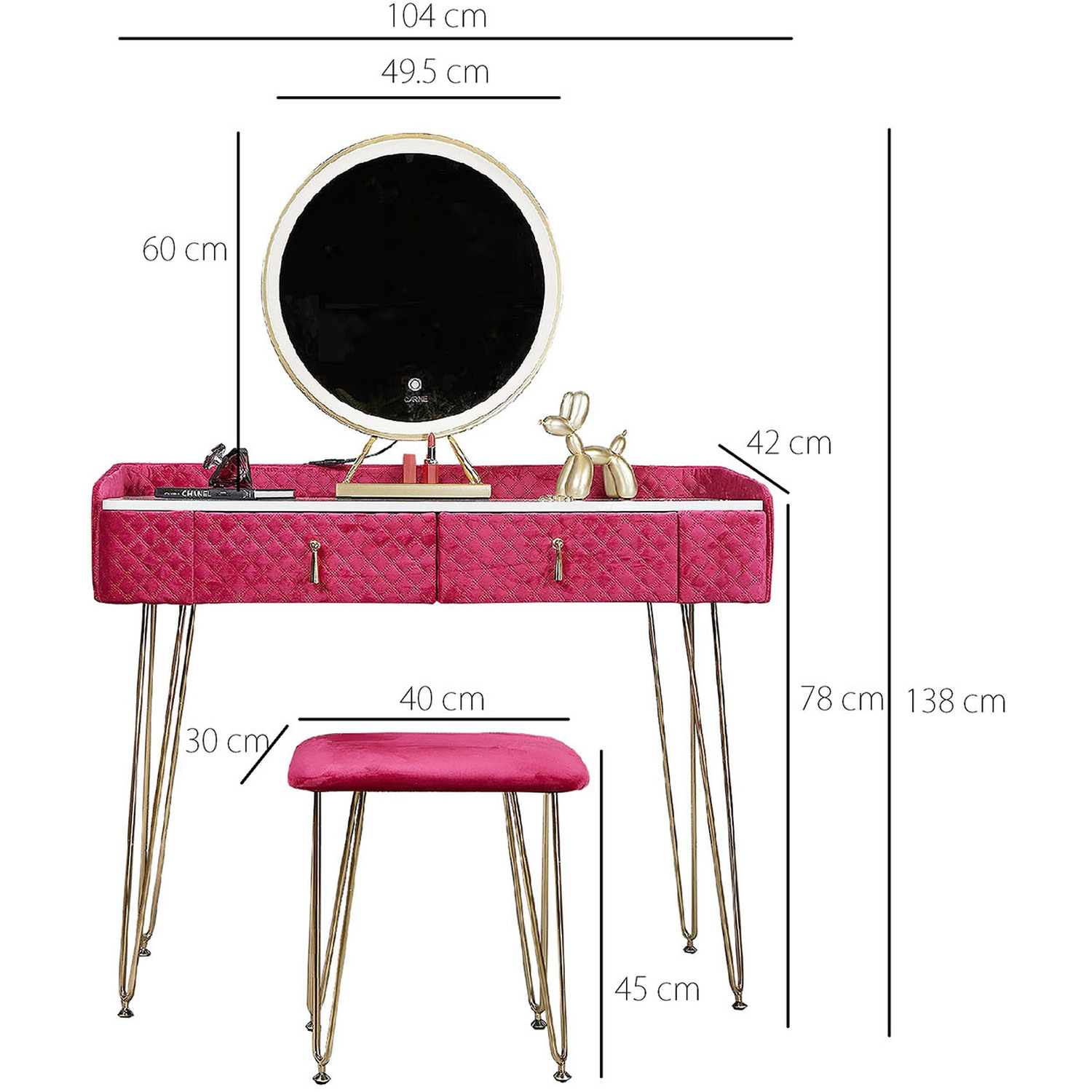 Tokyo Glow Velvet Dressing Table with LED Mirror