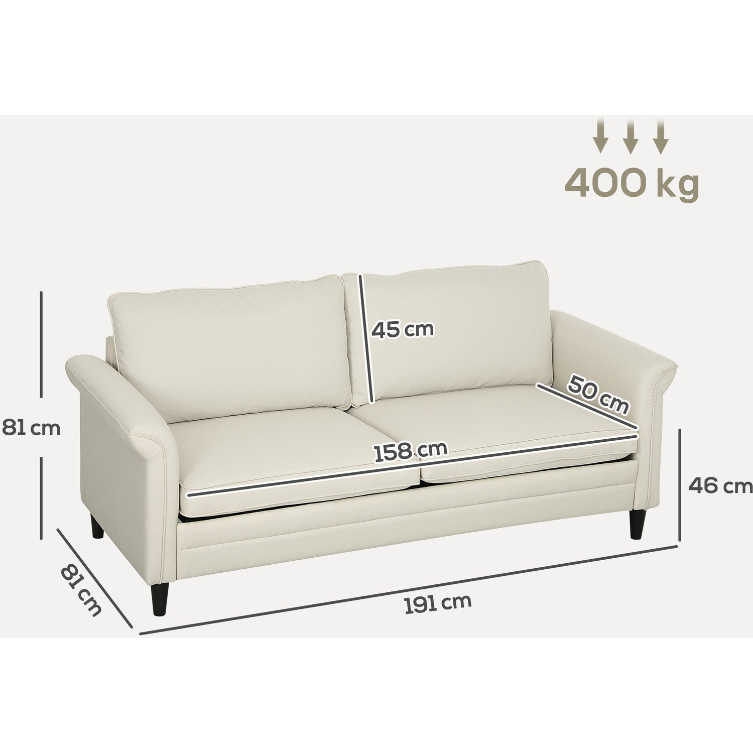 HOMCOM 3 Seater Sofa with Spring Cushion Rubber Wood