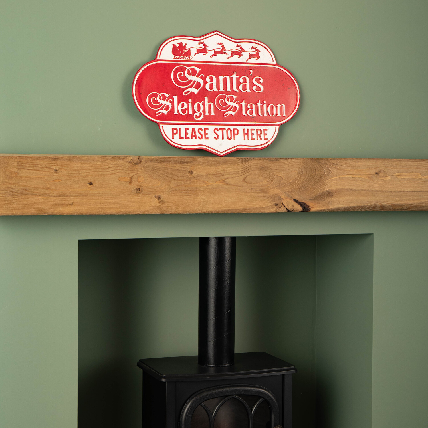 Red and White Metal Christmas Santa Sleigh Station Sign