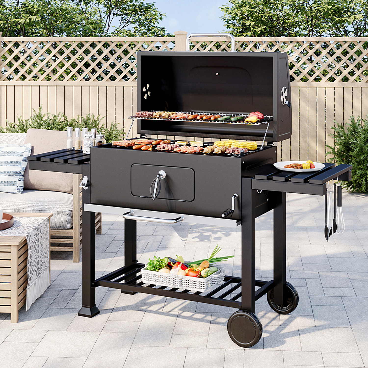 HomeScape Outdoor Height-adjustable Charcoal BBQ with Side Table